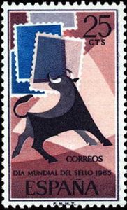 Stamp: Bull and Stamps (Spain(World Stamp Day (1965)) Mi:ES 1548,Sn:ES ...