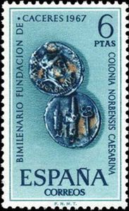 Stamp: Roman Dinar (Coin) (Spain(Bimillenary of Caceres) Mi:ES 1722,Sn ...
