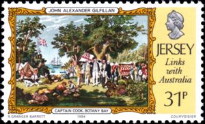 Stamp: Captain Cook at Botany Bay (Jersey(Links with Australia ...