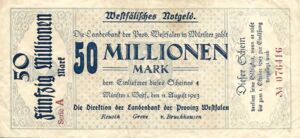 Banknote: 50 Millionen Mark (German Notgeld(Westfalen) Kel:5582a.9