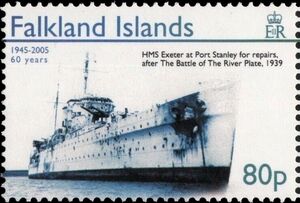 Stamp: HMS Exeter (Falkland Islands(End of Second World War, 60th Anniv ...
