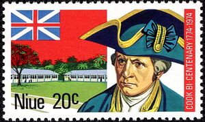 Stamp: Flag of 1774 and Administration Building (Niue(Bicentenary of ...