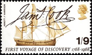 Stamp: Captain Cook's 'Endeavour' & signature (United Kingdom of Great ...
