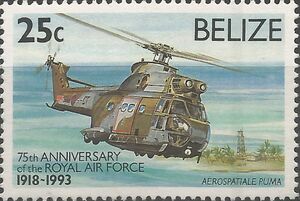 Stamp: Sud Aviation SA 330E Puma Helicopter (Belize(75th Anniversary of ...