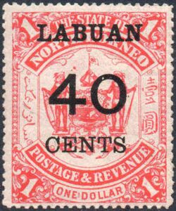 Stamp: 40 cents on 1 Dollar (Labuan) (North Borneo Arms Overprinted and Surcharged (1895)) Mi:GB ...