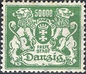 Stamp: The coat of arms of Danzig with lions (Free City of Danzig ...