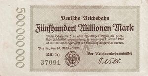 Banknote: 500 Millionen Mark (Germany(RBD - Berlin, Deutsche Reichsbahn ...