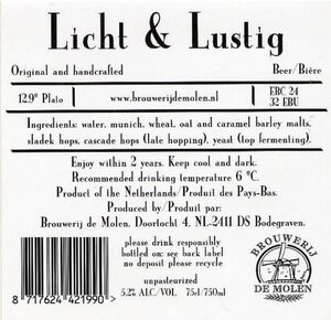 Drink Label: Licht & Lustig (Brouwerij de Molen, NetherlandsCol:NL-BEER ...