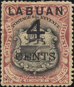 Timbre: Arms of North Borneo Surcharged 4 CENTS (Labuan(North Borneo Types Surcharged 4 CENTS ...