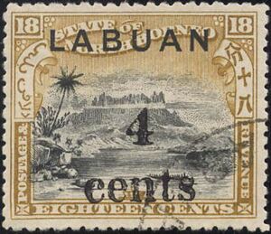 Timbre: Mount Kinabalu Surcharged 4 cents (Labuan(North Borneo Types Surcharged 4 Cents (1904 ...