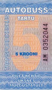 Transport Ticket: Autobuss 5 krooni (Tartu Linna Transpordikeskus, Estonia(Bus) Col:EE-TLT-001-005