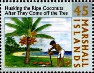 Stamp: Husking the Ripe Coconuts (Marshall Islands(Creation of Tobolar ...