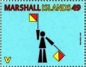 Stamp: Semaphore Symbol "V" (Marshall Islands(Semaphore Symbols) Mi:MH ...
