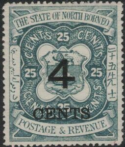 Stamp: Coat of Arms Surcharged "4 CENTS" (North Borneo(1899 Surcharge "4 CENTS" on 1894-1897 ...