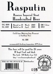 Drink Label: Rasputin Russian Imperial Stout (Brouwerij de Molen ...