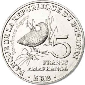 Moeda: 5 Francs (Buff-spotted flufftail - Sarothrura elegans - Râle ...