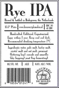 Drink Label: Rye IPA (Brouwerij de Molen, NetherlandsCol:NL-BEER-012231