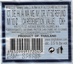 Drink Label: Singha Light (Pathumthani Brewery Co.Ltd., ThailandCol:TH ...