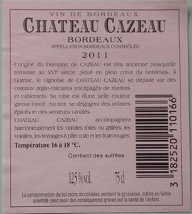 Drink Label: Chateau Cazeau Bordeaux (SCI Domaines de Cazeau, France ...