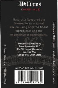 Drink Label: Williams Dark Ale (Sona Breweries, NigeriaCol:NG-BEER-000019