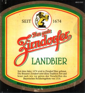 Flaschenetikett: Zirndorfer Landbier (Brauerei Zirndorf, Deutschland, BundesrepublikCol:DE-BEER ...
