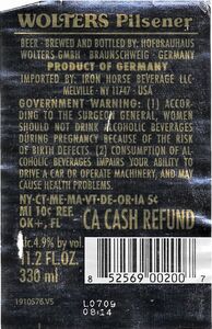 Drink Label: Wolters Pilsener (Hofbrauhaus Wolters, Germany, Federal ...