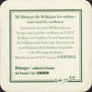 Beer Coaster: Bitburger (Bitburger Brauerei, Germany, Federal Republic ...