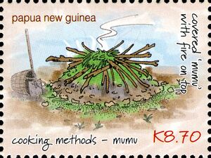 Stamp: Covered mumu pit with fire on top (Papua New Guinea(Cooking ...