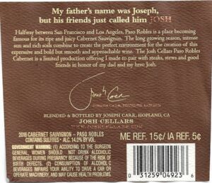Etiqueta de bebida: Josh Cabernet Sauvignon (Joseph Carr - Josh Cellars ...