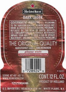 Drink Label: Heineken Dark Lager (Heineken Brouwerij, NetherlandsCol:NL ...