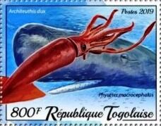 Stamp: Giant Squid (Architeuthis dux), Sperm Whale (Physeter macroc ...