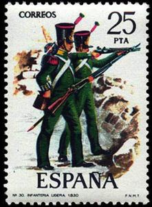 Stamp: Soldiers of the Light Infantry, 1830 (Spain(Military Uniforms ...