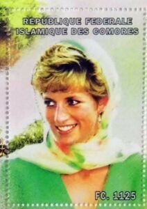 Stamp: Wearing scarf and green dress (Comoros(Lady Diana (1998)) Mi:KM 1292