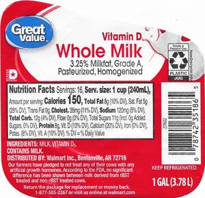 Drink Label: Great Value Vitamin D Whole Milk (Wal-Mart Stores, Inc ...