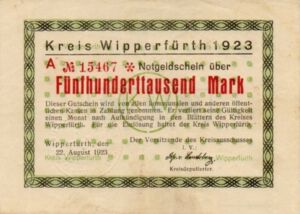 Banknote: 500,000 Mark (German Notgeld(Wipperfürth) Kel:5658a.1