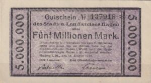 Banknote: 5 Millionen Mark (German Notgeld) (Hagen) Kel:2039a.3