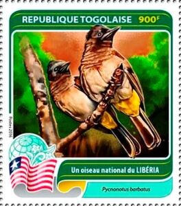 Stamp: National bird of Liberia – Pycnonotus barbatu (Togo(Fauna of the ...