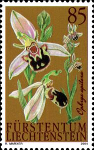Stamp: Ophrys apifera - Bee Orchid (Liechtenstein) (Orchids) Mi:LI 1352 ...