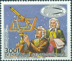 Stamp: Halley & Newton observing comet. (Central African Republic ...