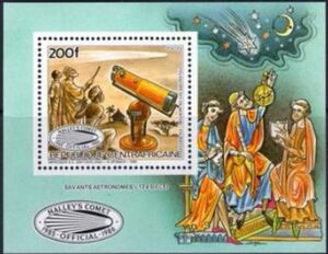 Stamp: Sir Isaac Newton’s telescope & comet sighting. (Central African ...