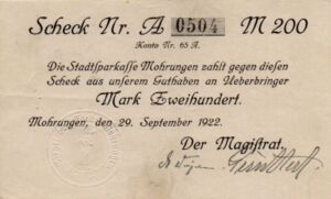 Banknote: 200 Mark (German Notgeld) (Mohrungen) Mül:4-2985.1a