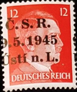 Stamp: Adolf Hitler overprinted "Č.S.R. 9.5.1945 Ústí n.L ...