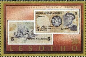 Stamp: Five maloti banknote (Lesotho(The 1st Anniversary of the ...