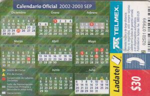 Tarjeta Telefónica: Calendario Oficial Sep 2002 - 2003 (Telmex ...