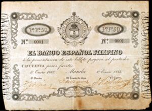 Banknote: 50 Pesos Fuertes (Philippines) (1883 Issue Banco Espanol ...