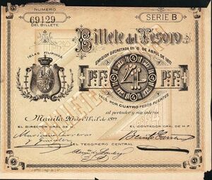 Banknote: 4 Pesos Fuertes (Philippines(1877 Issue Billete del Tesoro ...