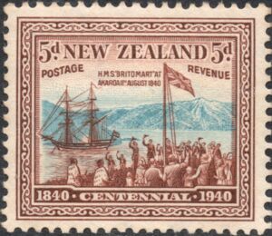 Stamp: HMS "Britomart" at Akaroa, 1840 (New Zealand(Centenary of ...