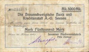 Banknote: 5,000 Mark (German Notgeld(Seesen) Mül:4-4235.19a