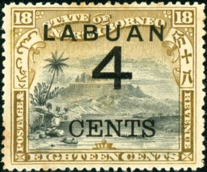 Stamp: Coat of Arms Surcharged 4 CENTS (Labuan(North Borneo Types Surcharged 4 CENTS (1899)) Mi ...