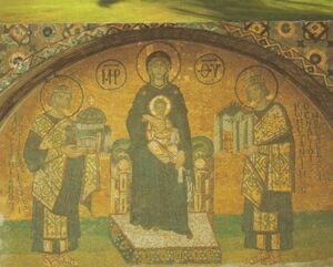 Postcard: Virgin Mary seated on a throne with the infant Jesus. in her ...